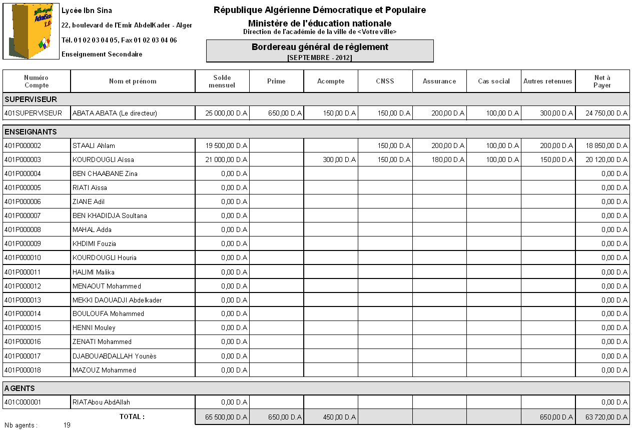 Documentation de AdmiSco : Bordereau Général de Règlement